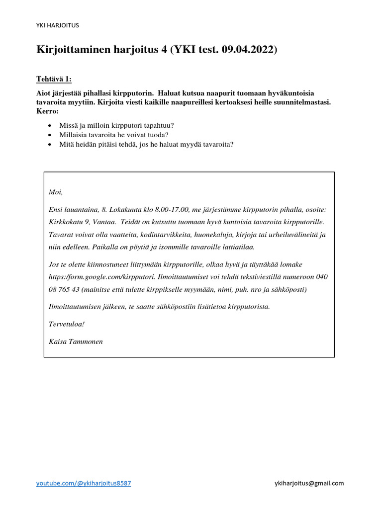 YKI Kirjoittaminen - Vastaus - Past Test 09.04.2022 | PDF