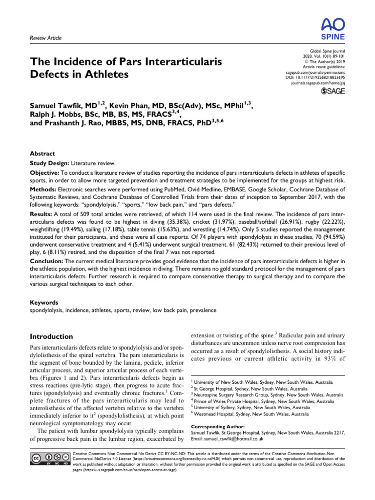 The Incidence of Pars Interarticularis Defects in Athletes | PDF ...
