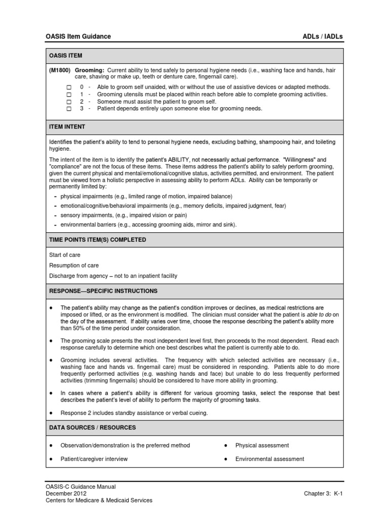 Adls Iadls Oasis Item Guidance | PDF | Disability | Pain