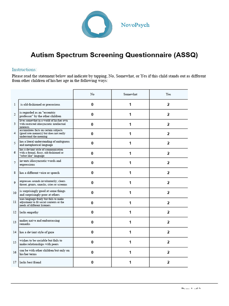Autism Spectrum Screening Questionnaire Assq | PDF