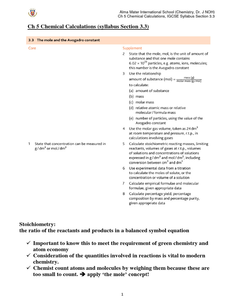Chemical Calculations in IGCSE Chemistry | PDF | Mole (Unit ...