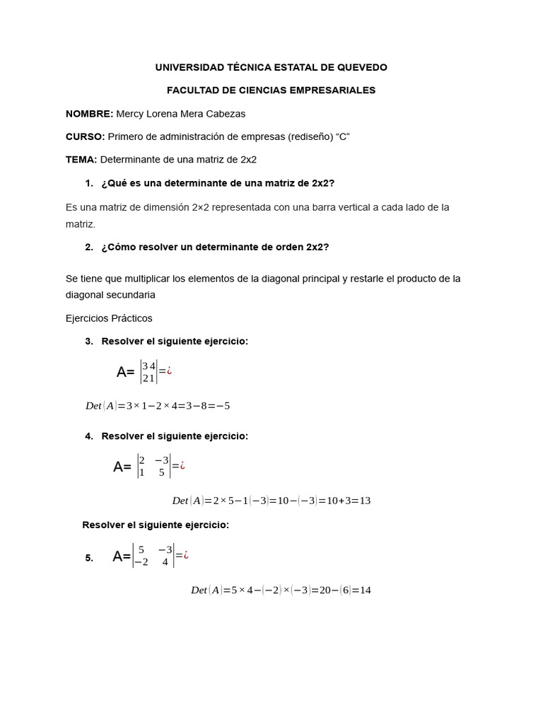 Determinantes de Matrices 2x2: Ejercicios Resueltos | PDF