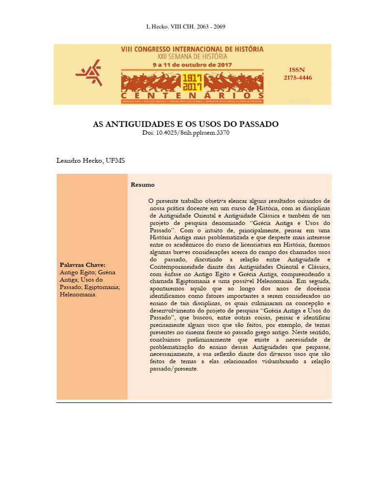 Artigo Hecko - Usos Dos Passado Antiguidade Oriental e Ocidental | PDF ...