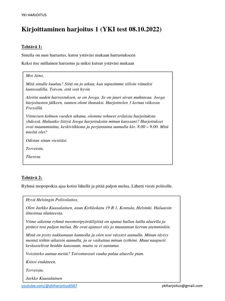 YKI Kirjoittaminen - Vastaus - Past Test 08.10.2022 | PDF