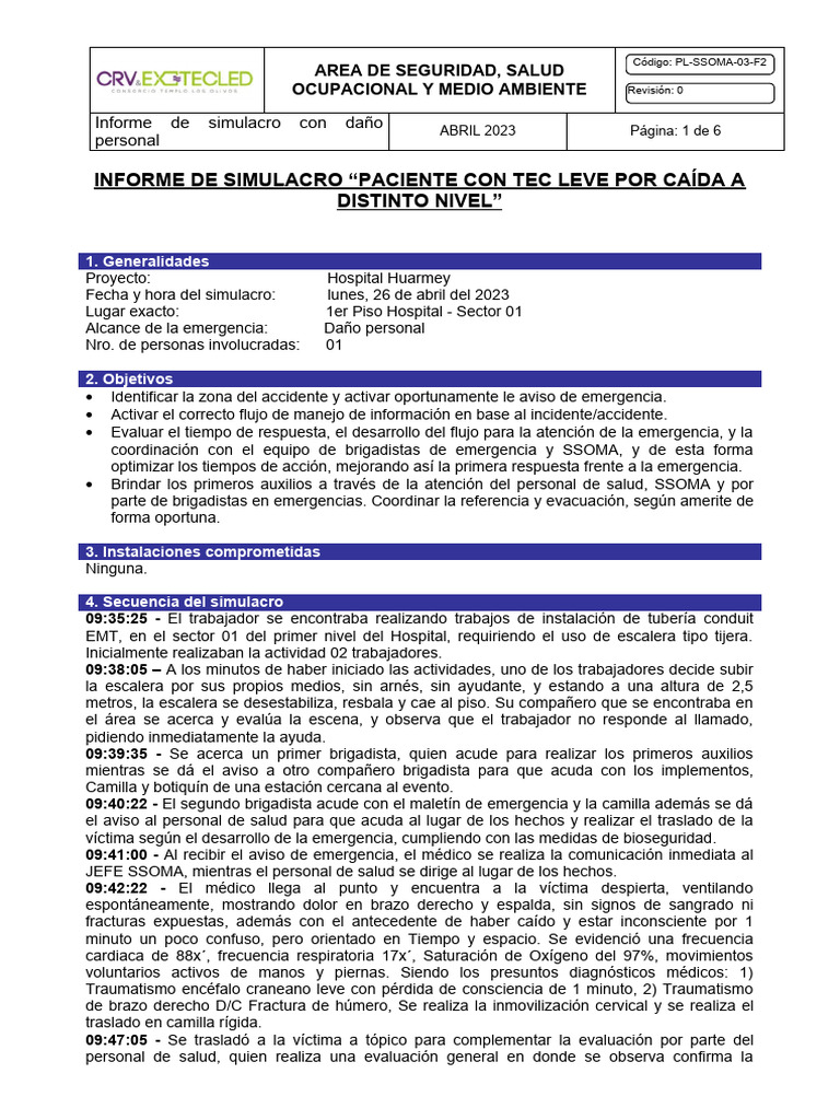 Is SSOMA 04 F2 Informe de Simulacro - 26.04.23 | PDF | Hospital | Primeros auxilios