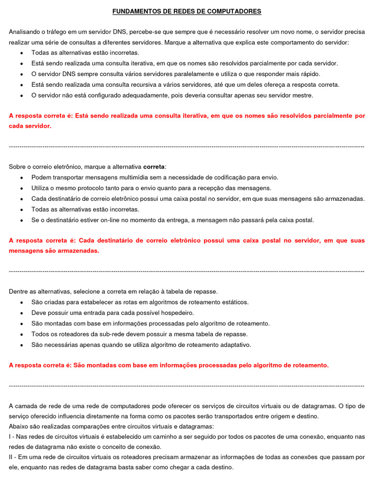 Simulado 1 - Fundamentos de Redes de Computadores | PDF | Rede de computadores | Modelo OSI