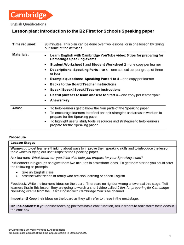 Introduction To b2 First For Schools Speaking | PDF | Learning | Question