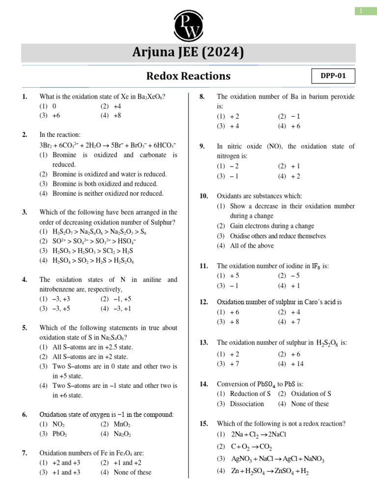 65117e2698e1be001840a091 - ## - Redox Reactions DPP 01 (Of Lec 02) | PDF | Redox | Electrochemistry