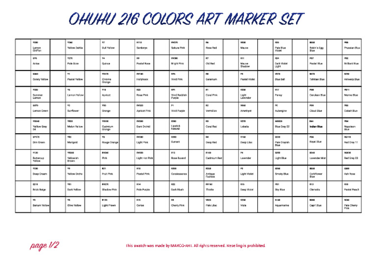 Ohuhu 216 Colors Art Marker Set: Page 1/2 | PDF | Graphic Design ...