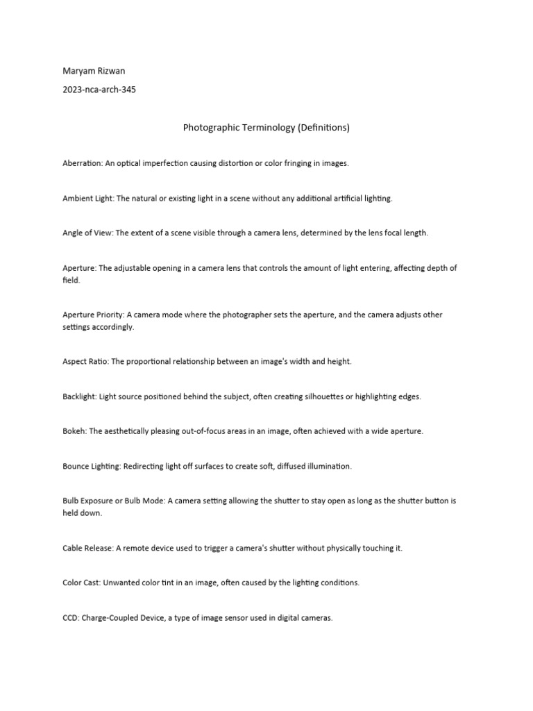 Photographic Terms Glossary 2023 | PDF | Camera | Camera Lens