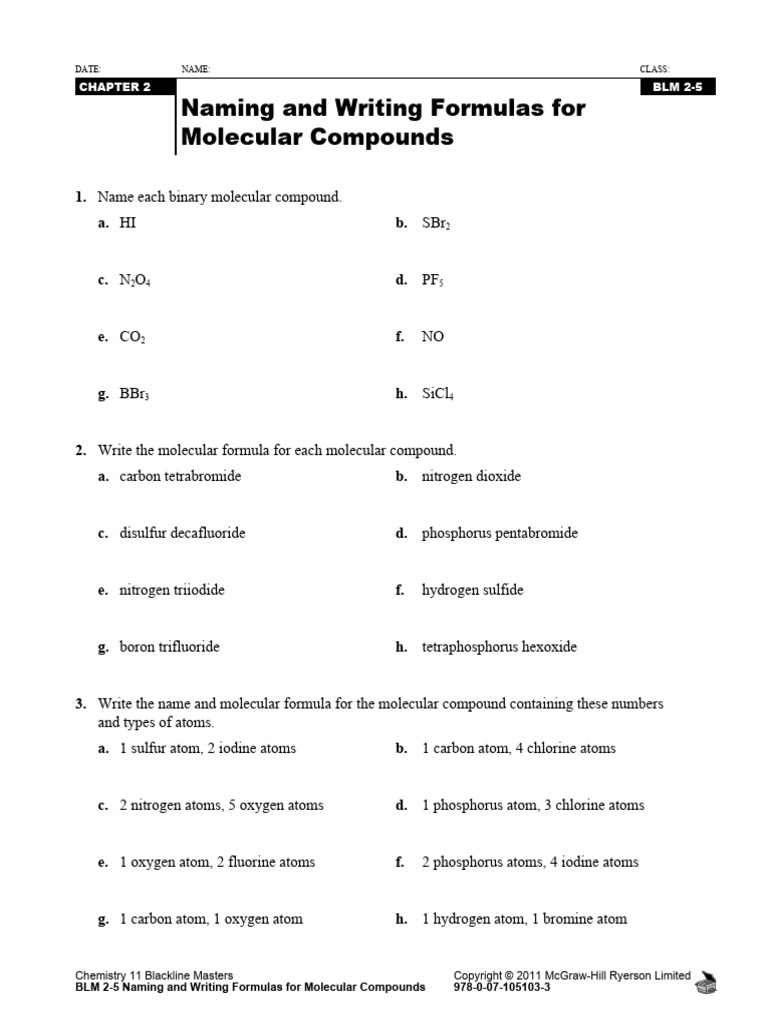 2.2 BLM 2-5 Naming and Writing Formulas For Molecular Compounds | PDF