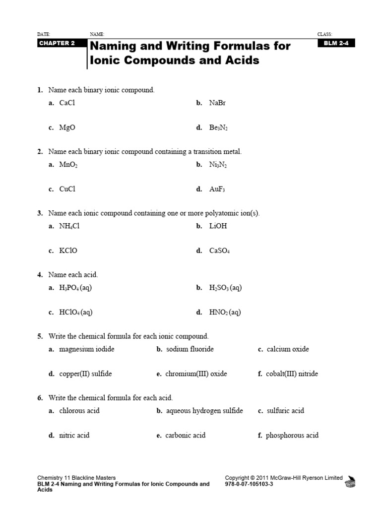 2.2 BLM 2-4 Naming and Writing Formulas For Ionic Compounds and Acids ...