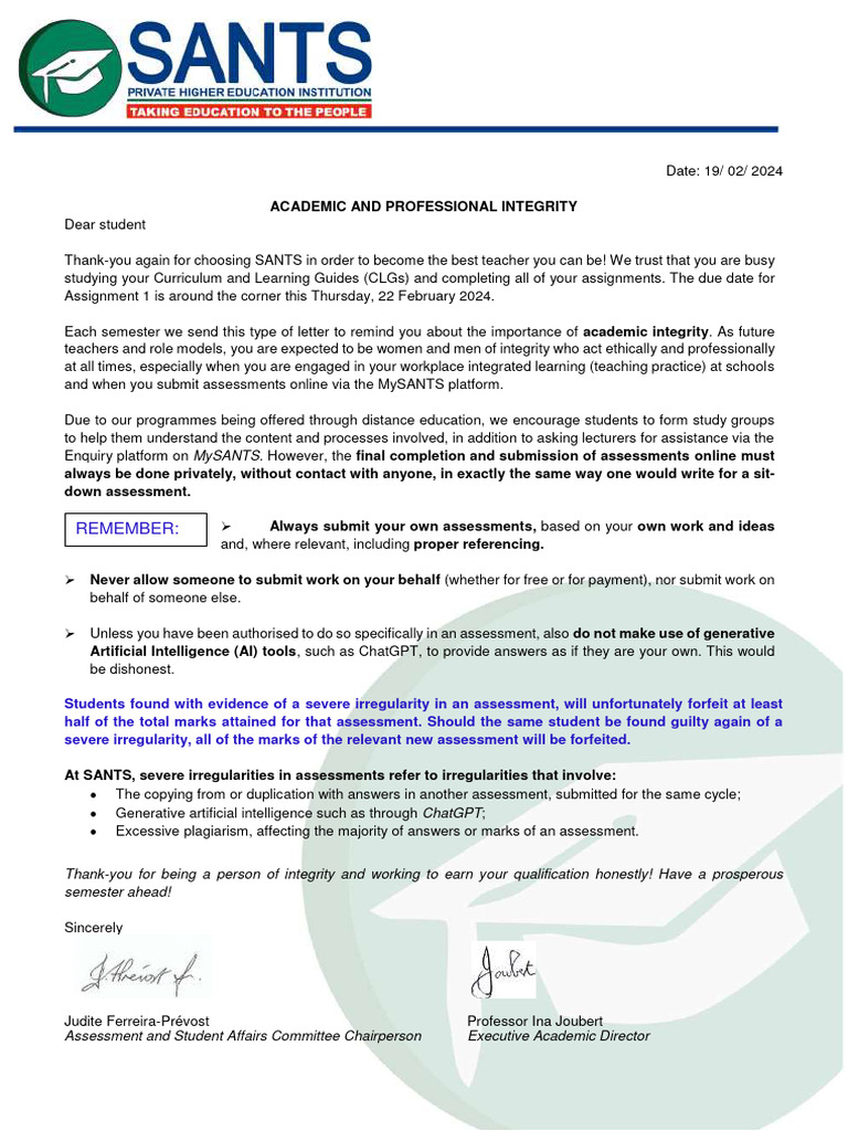 Academic Integrity Letter - All Students SEMESTER 1 2024 | PDF ...
