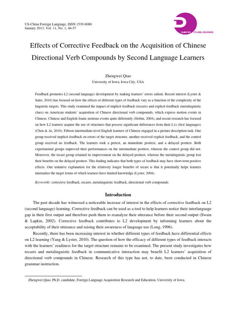 Corrective Feedback On Acquisiton of Chinese DC | PDF | Second Language ...