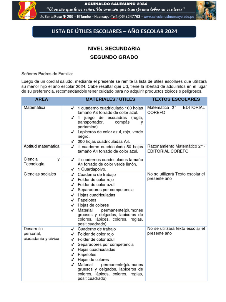 Lista de Utiles - 2do Secundaria | PDF | Softlines (venta minorista) | Moda