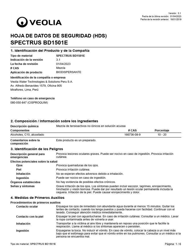 MSDS Spectrus 1501E Veolia | PDF | Ventilación (Arquitectura) | Agua