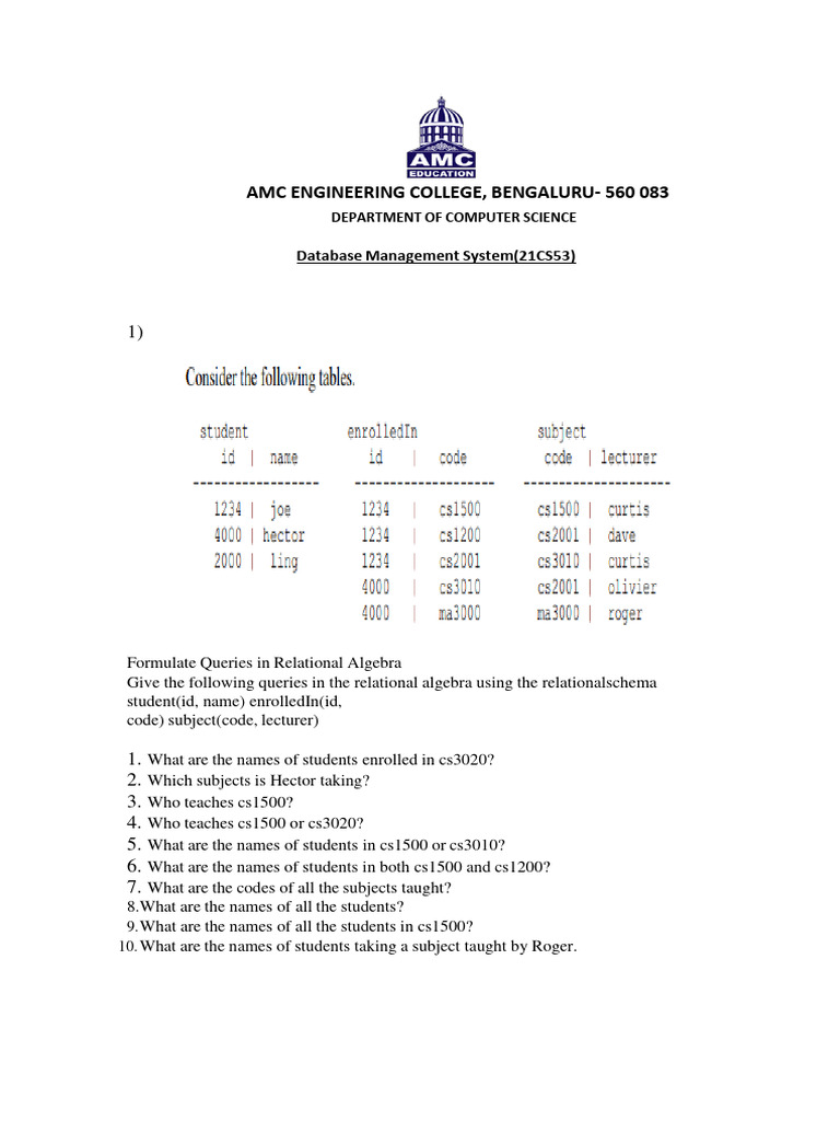 Relational Algebra Queries for DBMS 21CS53 | PDF