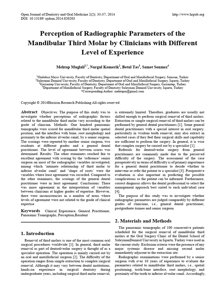 Perception of Radiographic Parameters of The Mandibular Third Molar by Clinicians With Different ...