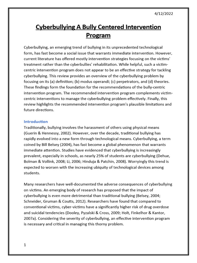 Cyberbullying: A Bully Centered Intervention Program | PDF | Cyberbullying | Bullying