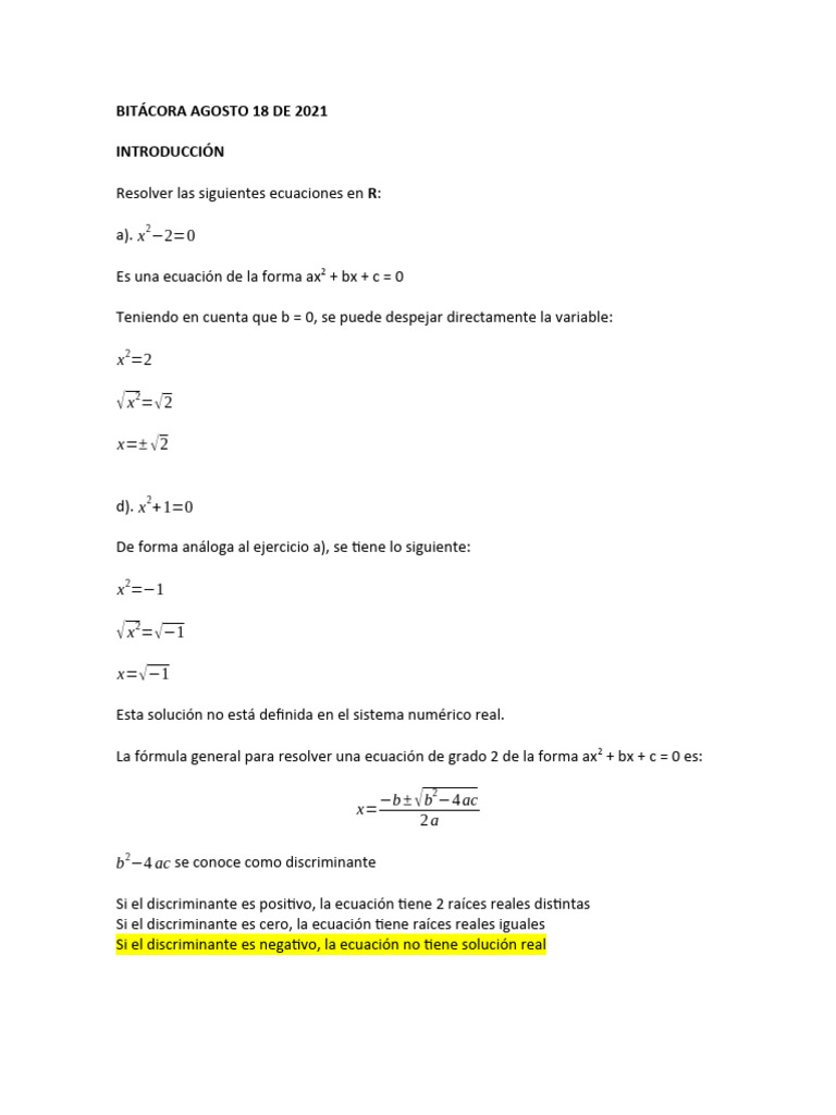 Bitácora Sesión 02 - 20210818 | PDF | Raíz cuadrada | Ecuaciones