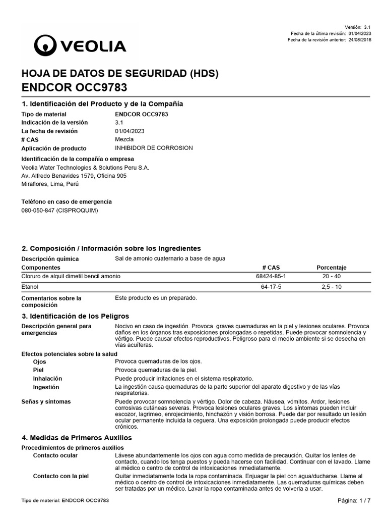 Hoja de Seguridad ENDCOR OCC9783 | PDF