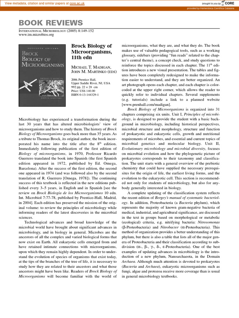 Book Reviews: Brock Biology of Microorganisms, 11th Edn | PDF