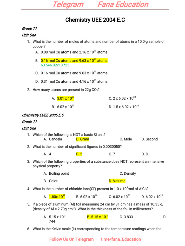 Grade 12 Chemistry Entrance Exam Guide | PDF | Materials | Physical ...
