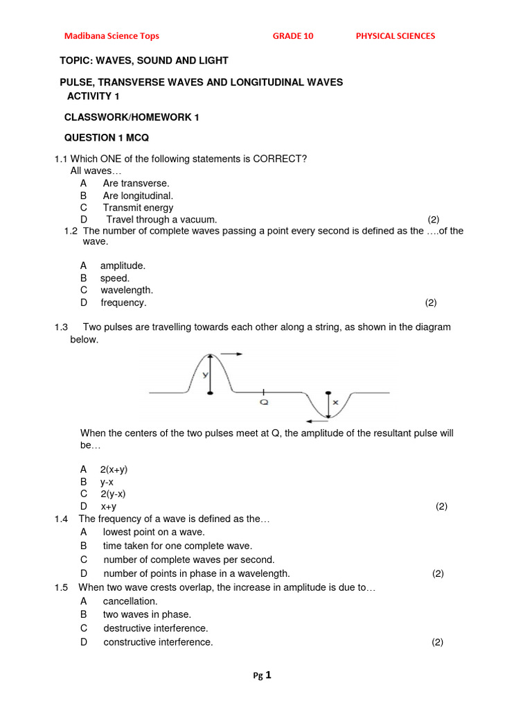Grade 10 Transverse Waves Activities | PDF | Waves | Wavelength
