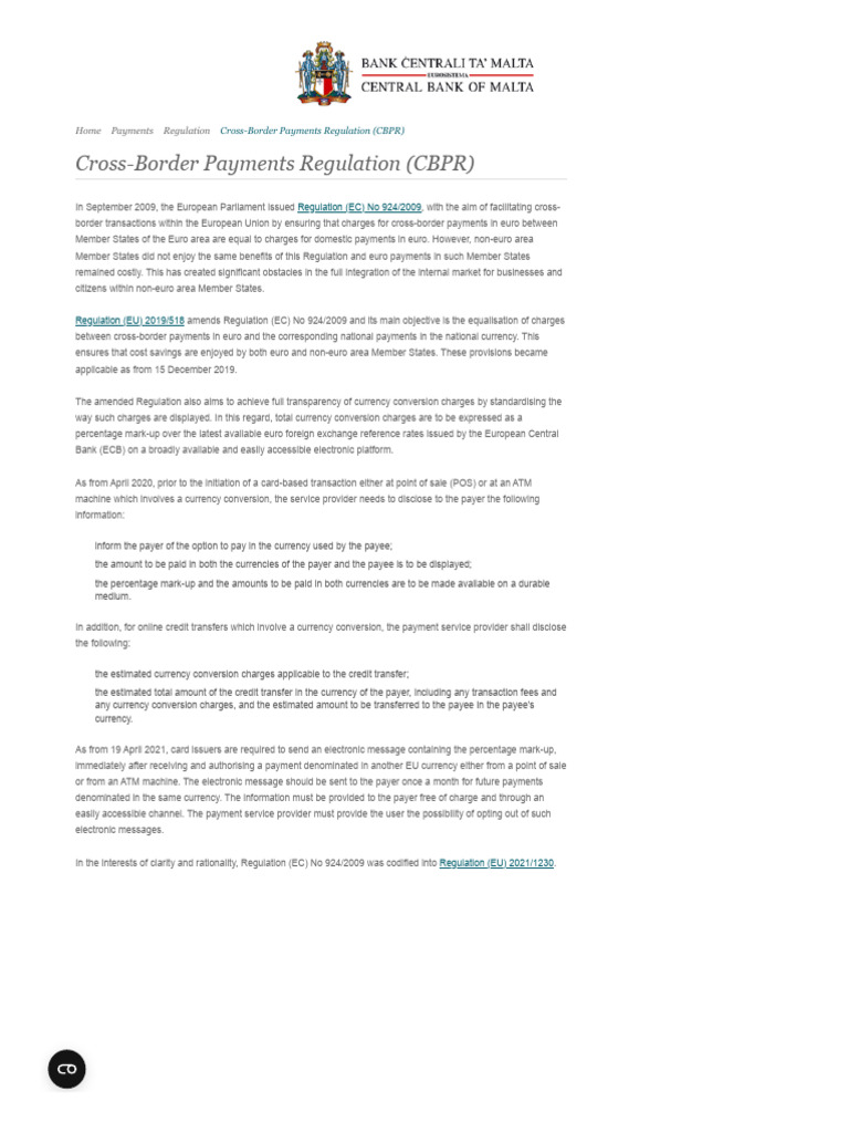 Cross-Border Payments Regulation (CBPR) - Central Bank of Malta | PDF | Payments | Euro