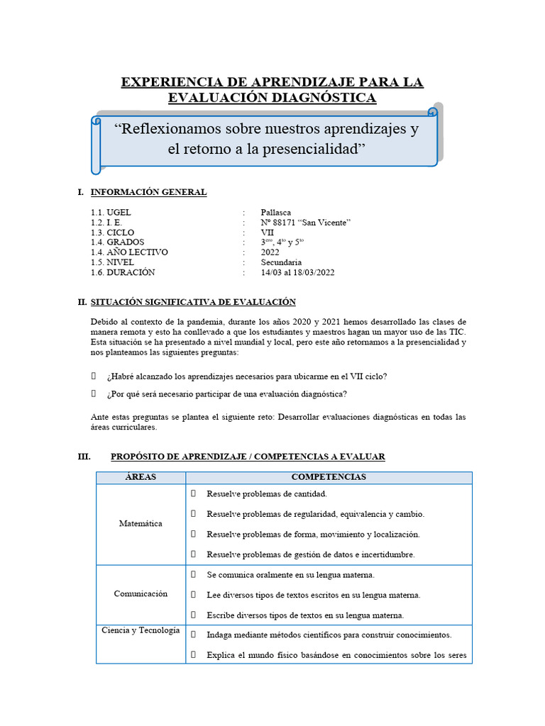 Ciclo Vii - Experiencia de Aprendizaje para La Evaluación Diagnóstica | Descargar gratis PDF ...