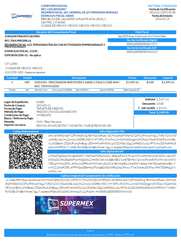 1 de 1 Este Documento Es Una Representación Impresa de Un CFDI. Version ...