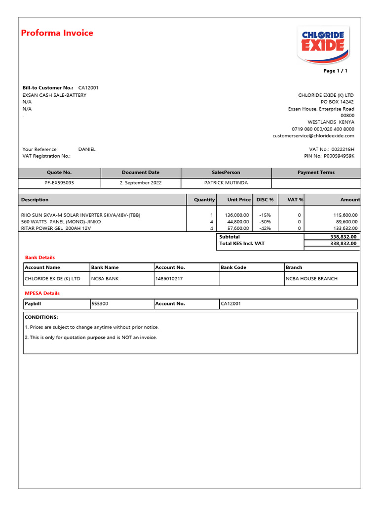 Proforma Invoice for Solar Equipment | PDF | Invoice | Money