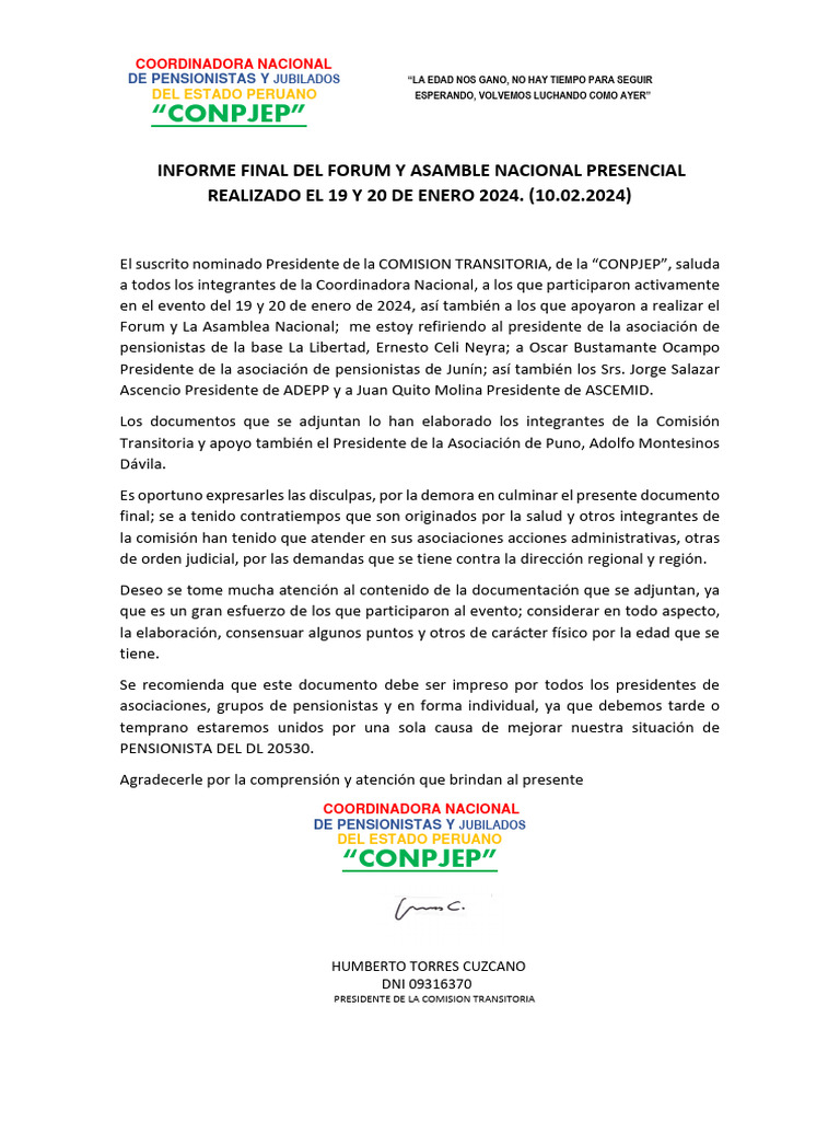 Compendio: Informe Final Del Fórum y Asamblea Nacional 19 y 20 Enero ...