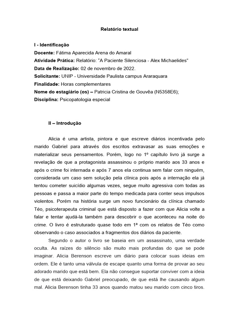 Relatório Teórico G12 - A Paciente Silenciosa | PDF