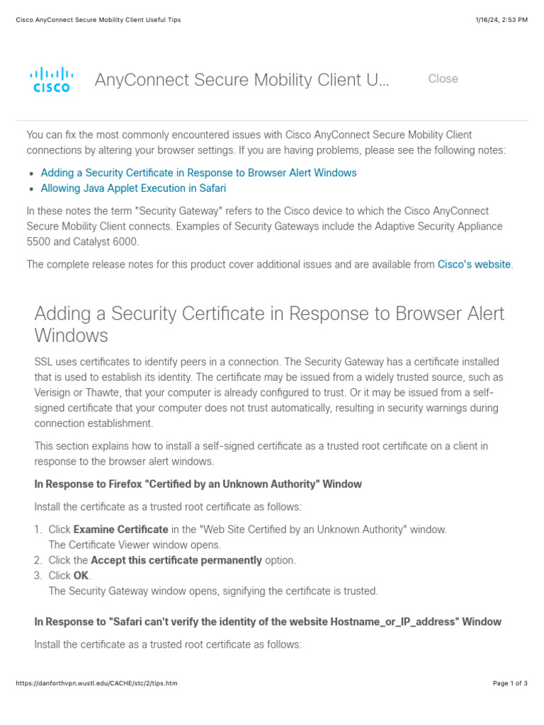Cisco AnyConnect Secure Mobility Client Useful Tips | PDF | Safari (Web ... Cisco AnyConnect Secure Mobility Client Useful Tips | PDF | Safari (Web ...