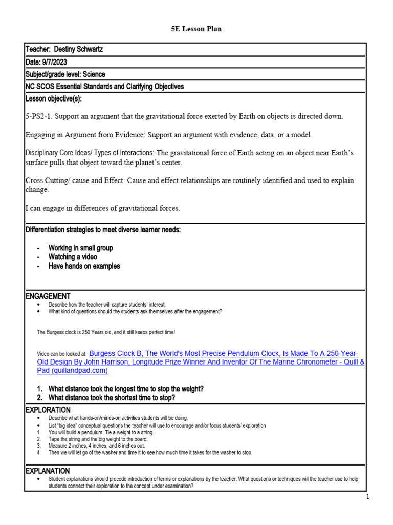 5e Lesson Plan | PDF | Gravity | Weight