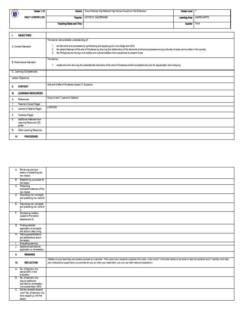 Arts Grade Sculpture SDLP | PDF | Learning | Teachers