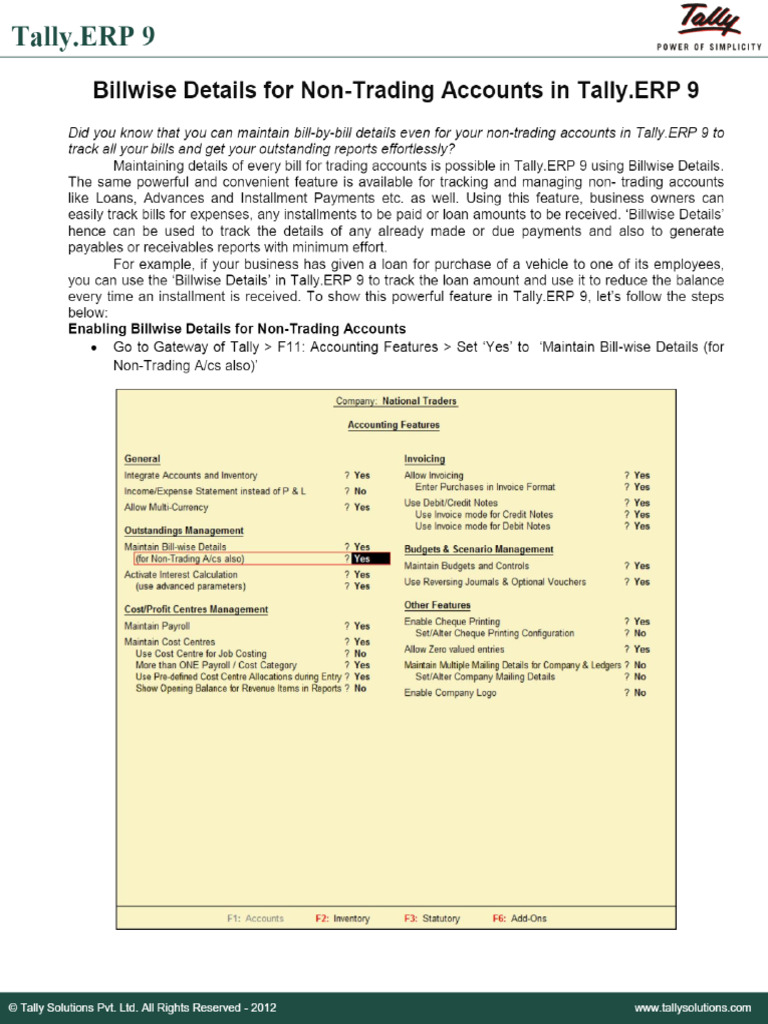 Billwise Details For Non-Trading Accounts in Tally - ERP 9 - PDF | PDF
