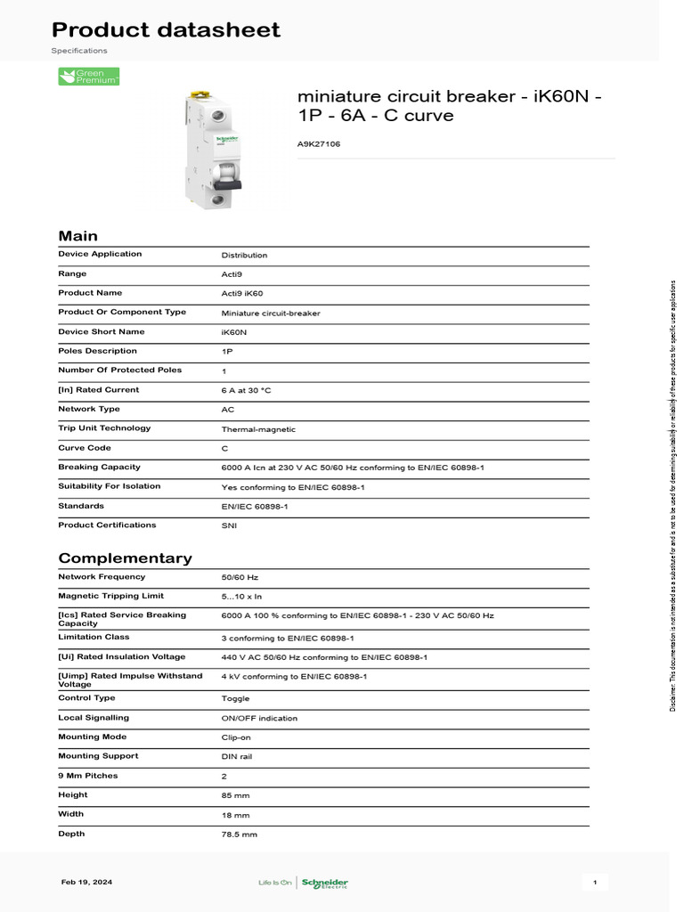 Acti9 iK60N 1P 6A Miniature Circuit Breaker | PDF | Alternating Current | Electrical Engineering