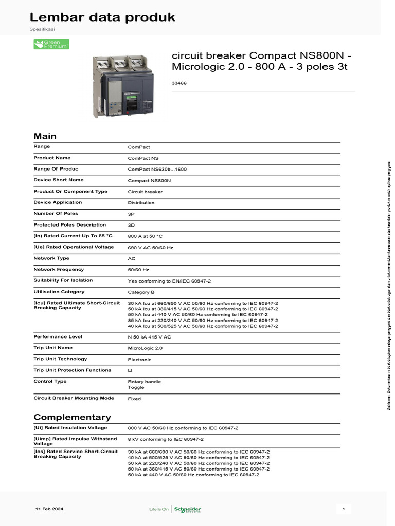 Circuit Breaker Compact NS800N - Micrologic 2.0 - 800 A - 3 Poles 3t ...