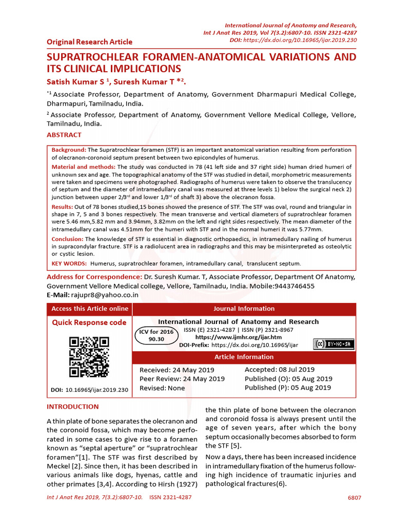 SUPRATROCHLEAR FORAMENANATOMICAL VARIATIONS AND ITS CLINICAL ...