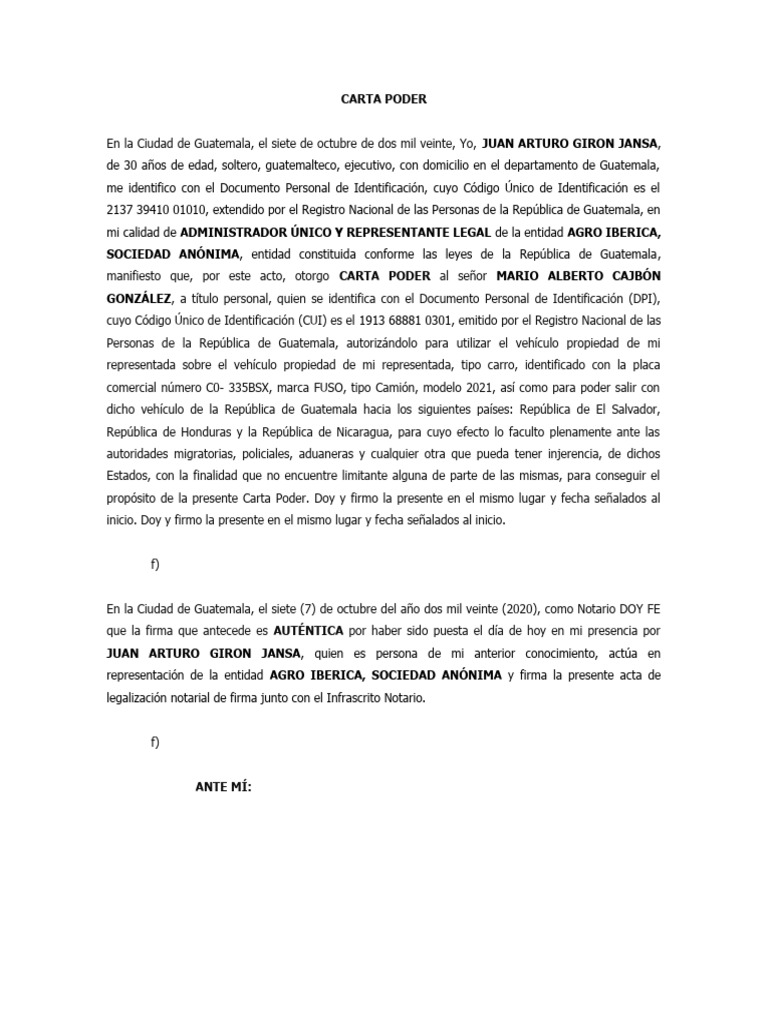 Carta Poder Camion Agro Iberica-1 | PDF