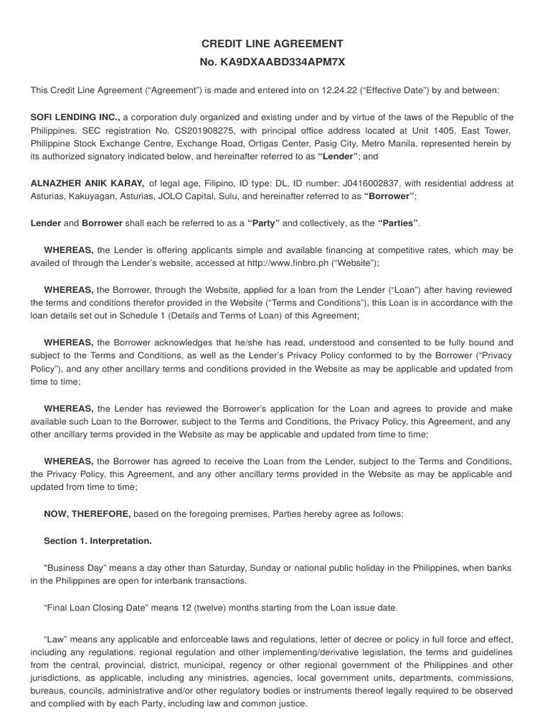 Credit Line Agreement | PDF | Loans | Interest