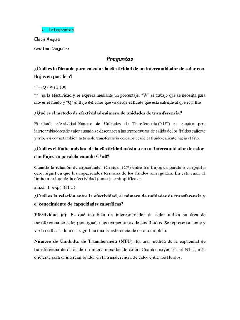 CTC - Preguntas en Clase | PDF | Intercambiador de calor | Calor