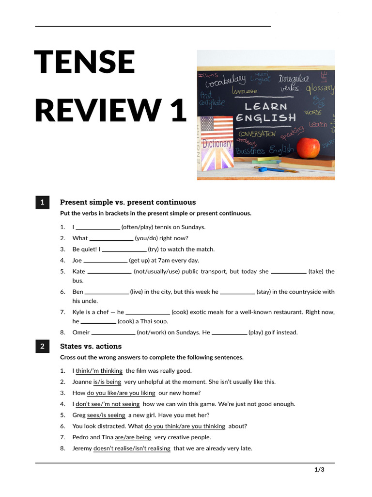 Tense Review 1 STD | PDF