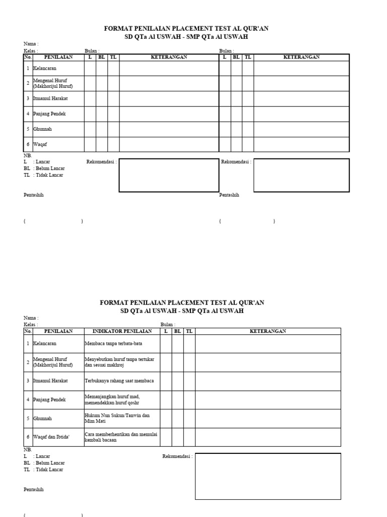 Format Penilaian Placement Test | PDF