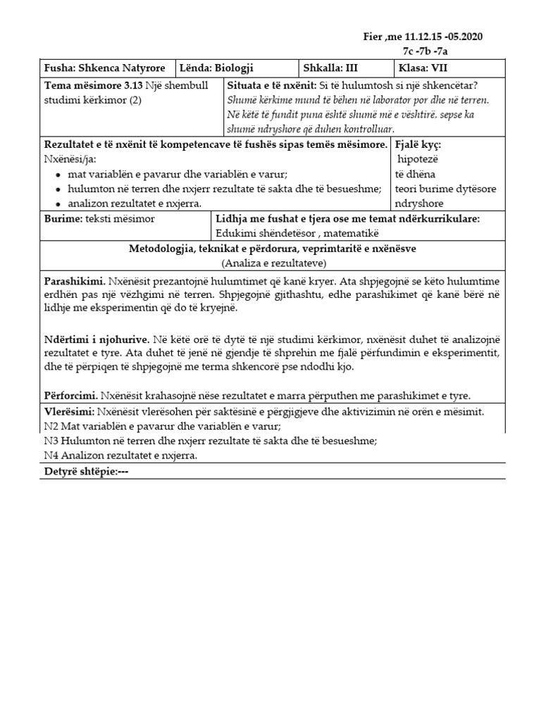 Biologji 7 Dita e Hene 11 Maj | PDF