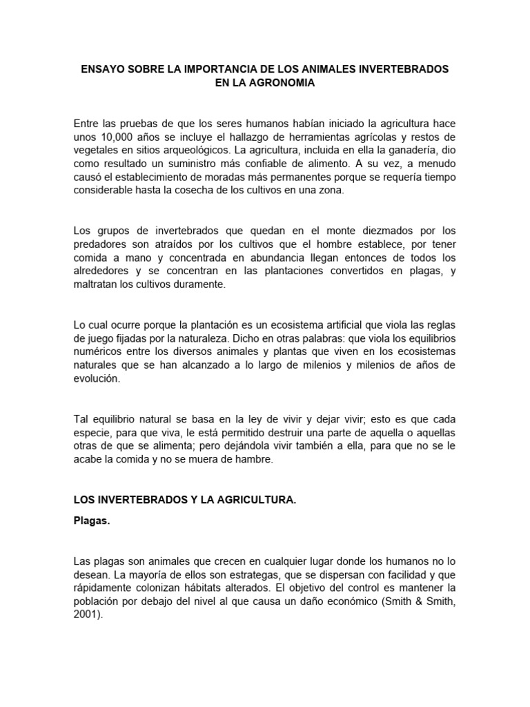Ensayo Sobre La Importancia de Los Animales Invertebrados en La ...