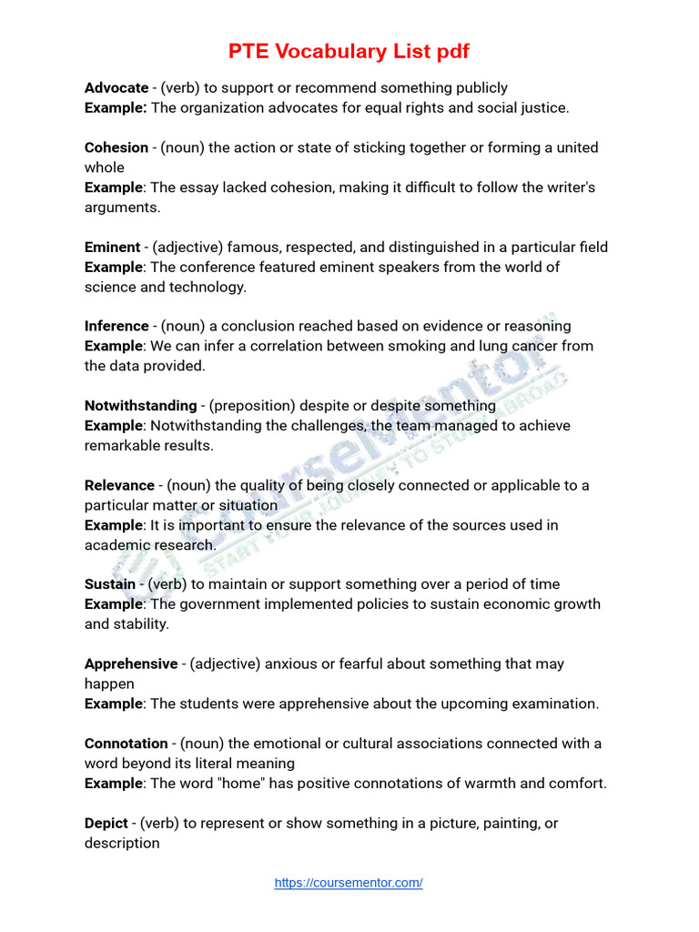 PTE Vocabulary List PDF | Download Free PDF | Adjective | Verb