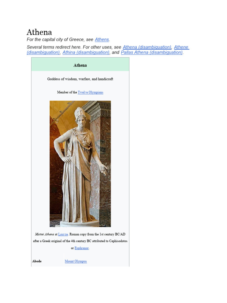 Athena: For The Capital City of Greece, See - Several Terms Redirect Here. For Other Uses, See ...